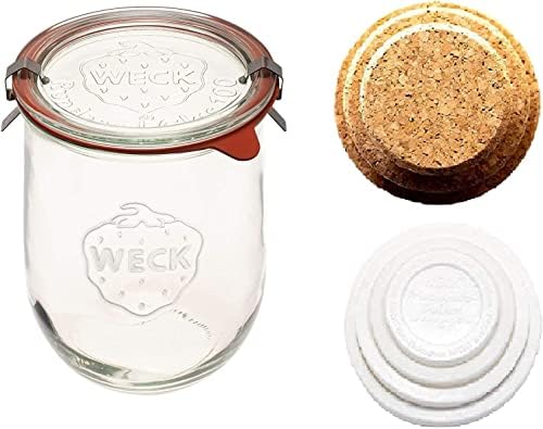 Weck Jars Weck - Sour Dough Starter Jars - Large Glass Jars for Sourdough with Glass Lid - Tulip Jar with Wide Mouth 1 Liter Includes Cork Lid & Keep Fresh Cover (2)