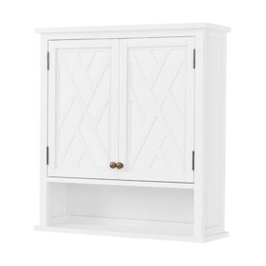 Alaterre Furniture Coventry Wall Mounted Bath Storage Cabinet with Two Doors and Open Shelf - White - 27" W x 29" H - Adjustable Interior Shelf - Bathroom Organizer and Space Saver