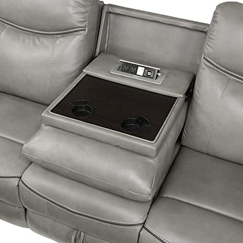 Lexicon Braelyn Faux Leather Double Reclining Sofa with Center Drop-Down Cup Holders, Receptacles, Hidden Drawer and USB Ports, 88.5" W, Gray