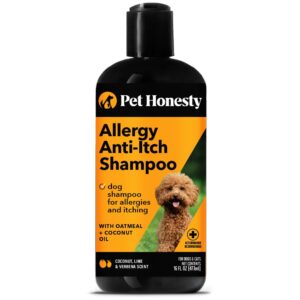 pet honesty dog allergy relief shampoo for dogs and cats - dog skin and coat supplement, itch relief for dogs, moisturizing and hydrating coconut oil + vitamin e, deodorizing coat (16 oz)