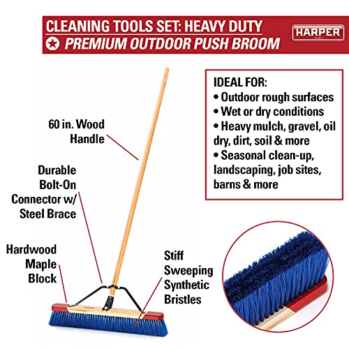 Harper 37518500 Heavy Duty Cleaning Set with Outdoor Push Broom, Floor Squeegee, Debris Pan and Handheld Scrubbing Brush