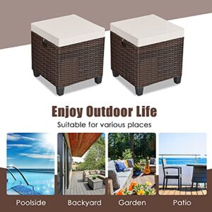 mayjooy 2-Piece Rattan Patio Ottoman, All Weather Wicker Ottoman w/Removable Cushion & Steel Frame, Outdoor Footstool Footrest Furniture (Brown) , 16”x16”x18