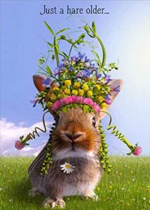 rsvp birthday greeting card rabbit wearing floral headdress funny / humorous