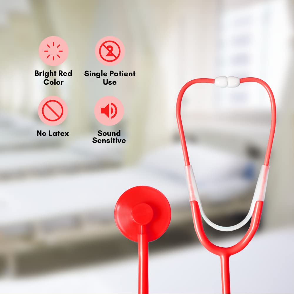 Disposable Stethoscopes, Red, 10 Pack, Single Patient Use, Plastic, 22" PVC Y-Tubing, Lightweight for Home, Education, Doctors, Nurses