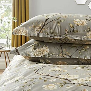 Get Bed Ready Vintage Botanical Bedding Garden Camellia Flower Print 400tc Cotton Sateen French Country Style Duvet Cover Set (King, Agate Grey)