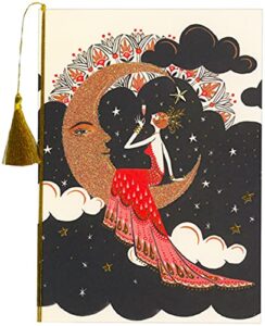 high note birthday greeting card by dinara mirtalipova: woman sitting on sparkling gold moon, 3d gem star and gold tassel hand decorated, red, 5" x 7", (gc-b5904)