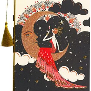 High Note Birthday Greeting Card by Dinara Mirtalipova: Woman Sitting On Sparkling Gold Moon, 3D Gem Star and Gold Tassel Hand Decorated, Red, 5" x 7", (GC-B5904)