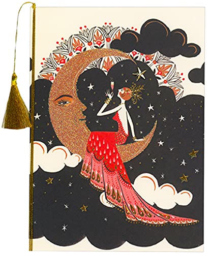 High Note Birthday Greeting Card by Dinara Mirtalipova: Woman Sitting On Sparkling Gold Moon, 3D Gem Star and Gold Tassel Hand Decorated, Red, 5" x 7", (GC-B5904)