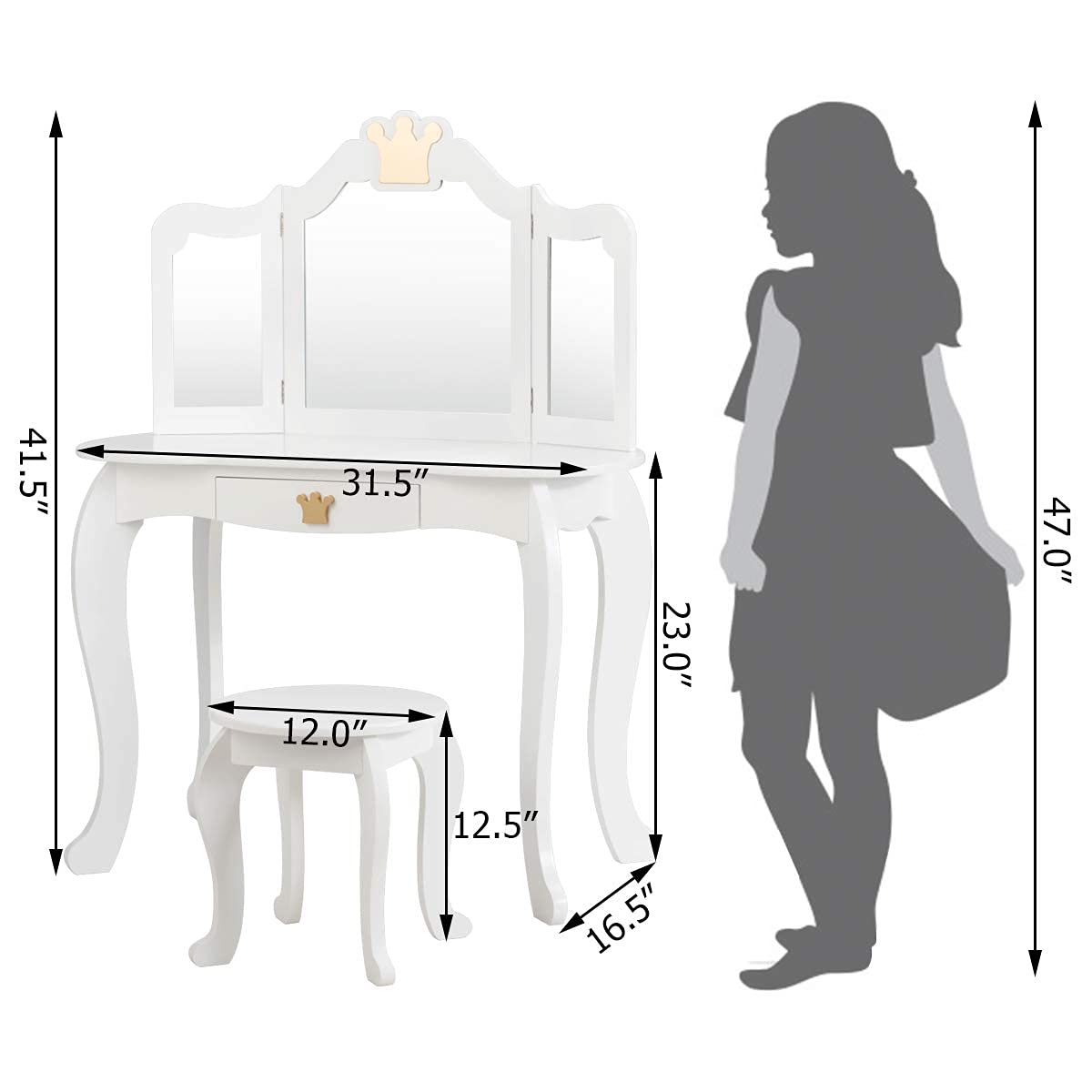 KOTEK Kids Vanity Set w/Tri-Folding Mirror, Princess Makeup Dressing Table w/Detachable Top & Drawer, 2-in-1 Vanity Table and Chair Set, Crown Pretend Beauty Play Vanity for Girls (White)