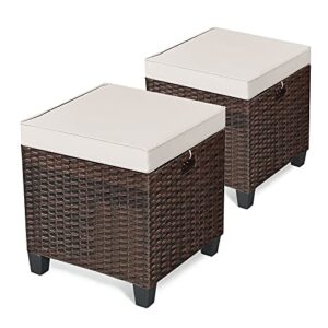 mayjooy 2-piece rattan patio ottoman, all weather wicker ottoman w/removable cushion & steel frame, outdoor footstool footrest furniture (brown) , 16”x16”x18