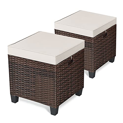 mayjooy 2-Piece Rattan Patio Ottoman, All Weather Wicker Ottoman w/Removable Cushion & Steel Frame, Outdoor Footstool Footrest Furniture (Brown) , 16”x16”x18