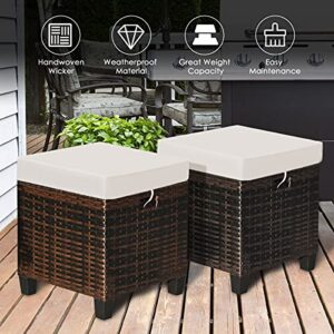 mayjooy 2-Piece Rattan Patio Ottoman, All Weather Wicker Ottoman w/Removable Cushion & Steel Frame, Outdoor Footstool Footrest Furniture (Brown) , 16”x16”x18