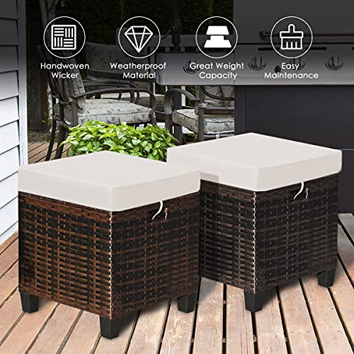 mayjooy 2-Piece Rattan Patio Ottoman, All Weather Wicker Ottoman w/Removable Cushion & Steel Frame, Outdoor Footstool Footrest Furniture (Brown) , 16”x16”x18