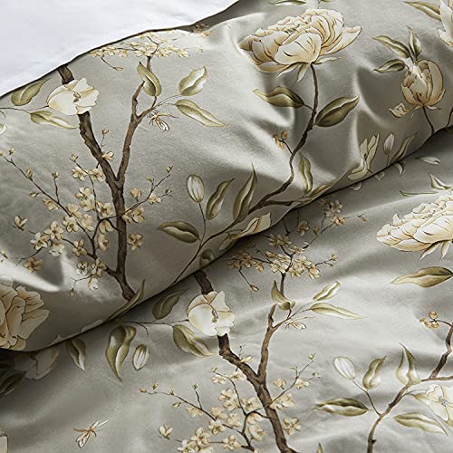 Get Bed Ready Vintage Botanical Bedding Garden Camellia Flower Print 400tc Cotton Sateen French Country Style Duvet Cover Set (King, Agate Grey)