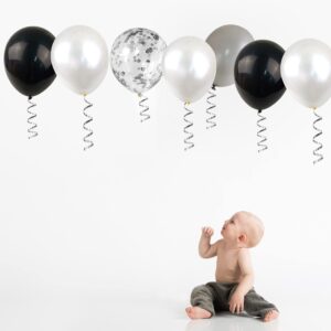 100pcs Chrome Metallic Balloons and Confetti Balloons 12 Inch Latex Party Balloons Silver Black White Balloon for Wedding Engagement Birthday Decorations