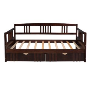 P PURLOVE Wood Daybed with Rails Twin Bed Wooden Slats Support Modern Living Daybed (Twin with Drawers, Espresso)