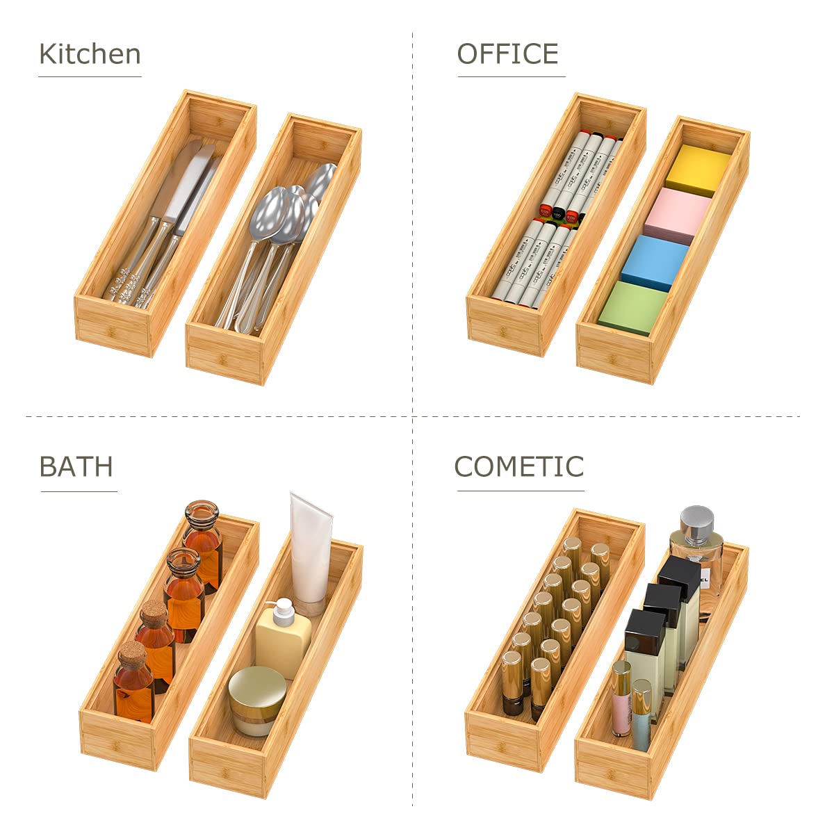 Bamboo Drawer Organizer Storage Box Kitchen - Wood Stackable Tray Set of 2 (12x3x2 inch）