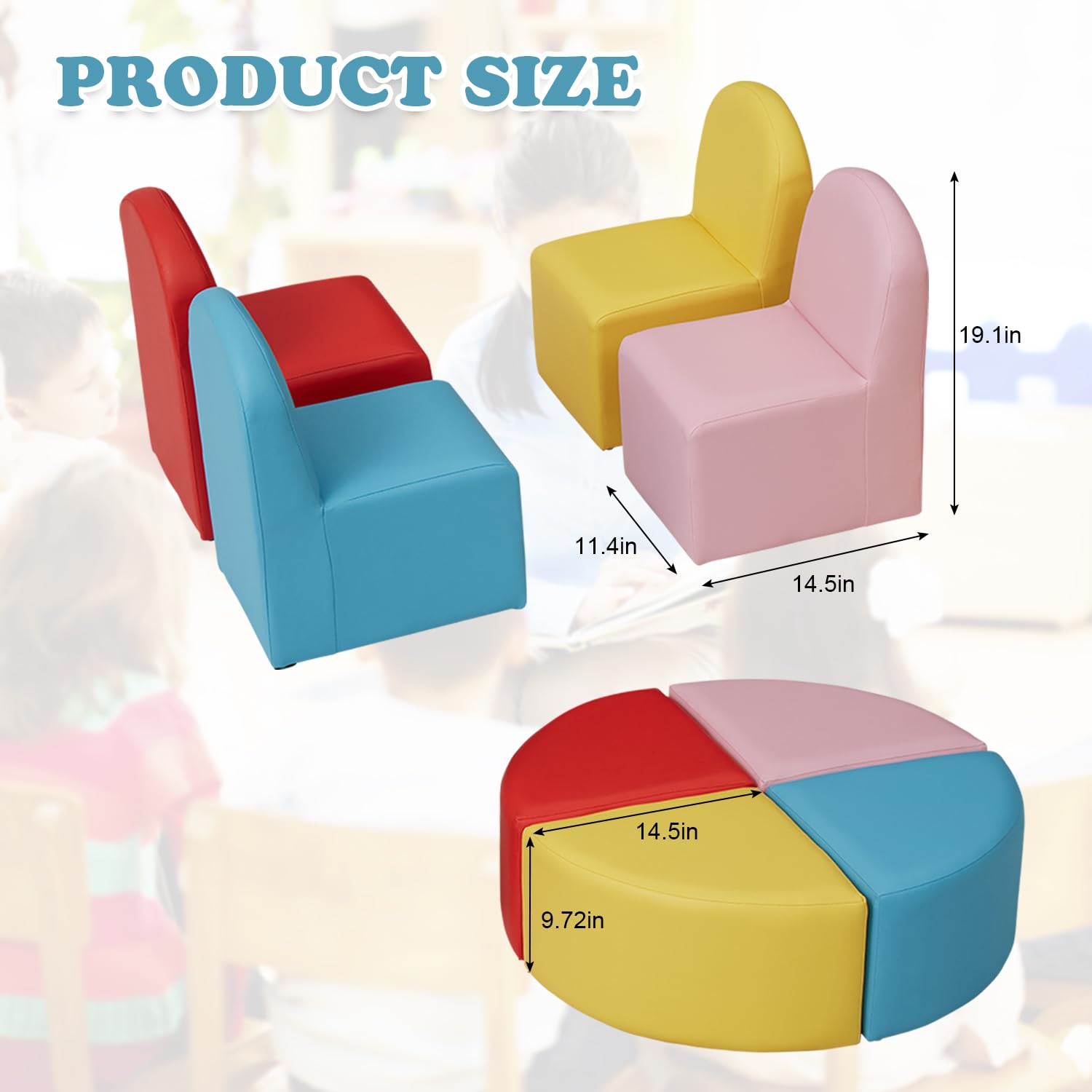 Kinsuite Kids Sofa Seating Set Convert to Table and 4 Chairs Colorful Stools for Toddlers Soft Foam Play 8 PCs Set for Classroom