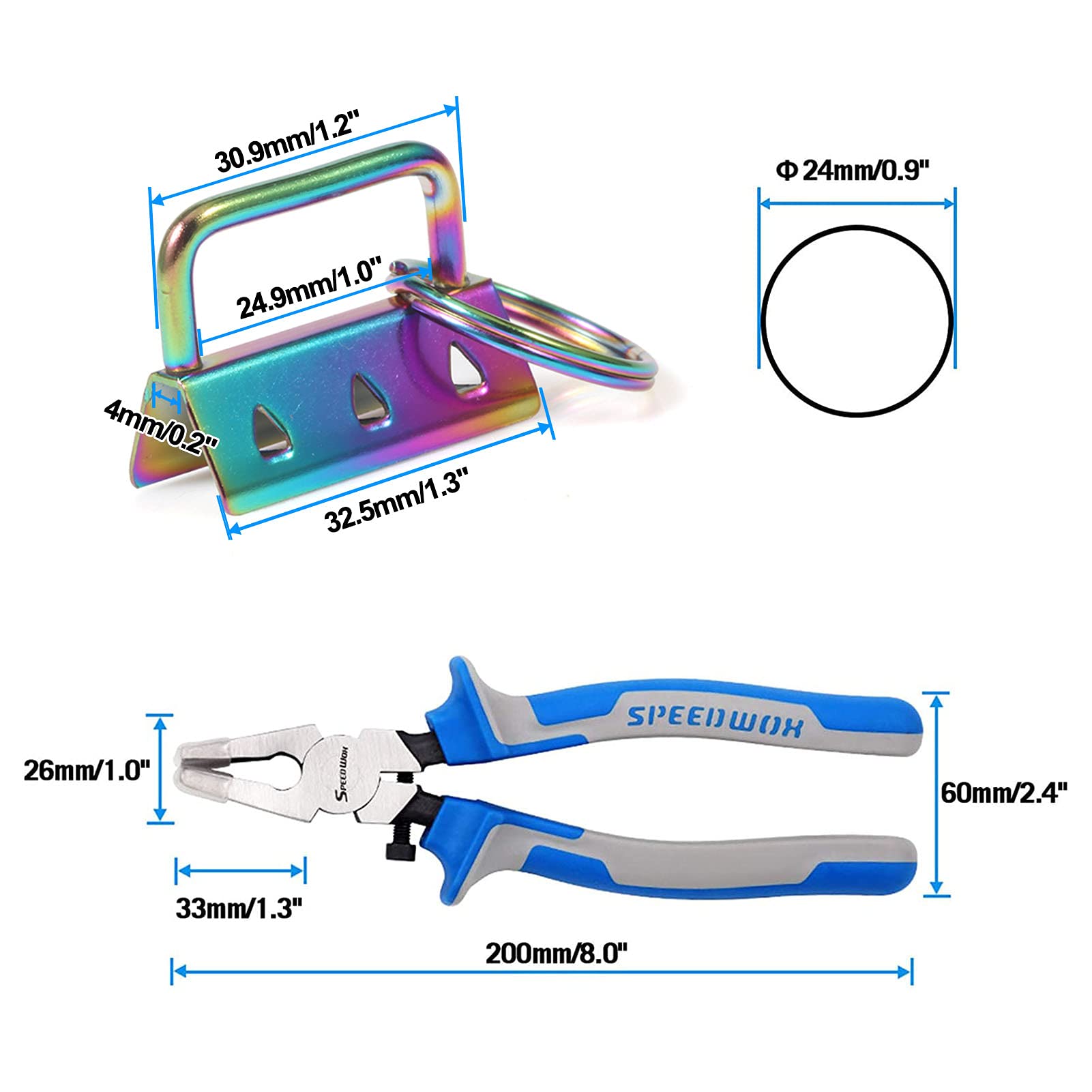 SPEEDWOX 20Pcs 1.25" Rainbow Key Fob Hardware with Key Fob Pliers Set, 8" Glass Running Pliers with Rubber Tips, Curved Jaws, Hardware with Key Ring for Wristlet Keychain Hardware Install