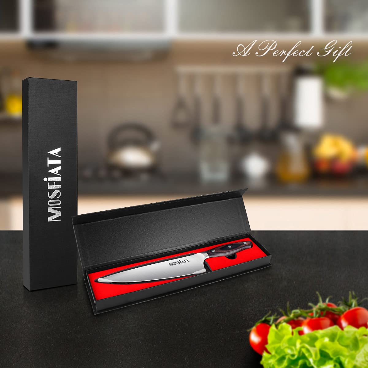 MOSFiATA Chef Knife 8 Inch Kitchen Cooking Knife, 5Cr15Mov High Carbon Stainless Steel Sharp Knife with Ergonomic Pakkawood Handle, Full Tang Vegetable Meat Cutting Knife with Sheath for Home Kitchen