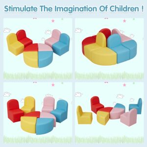 Kinsuite Kids Sofa Seating Set Convert to Table and 4 Chairs Colorful Stools for Toddlers Soft Foam Play 8 PCs Set for Classroom