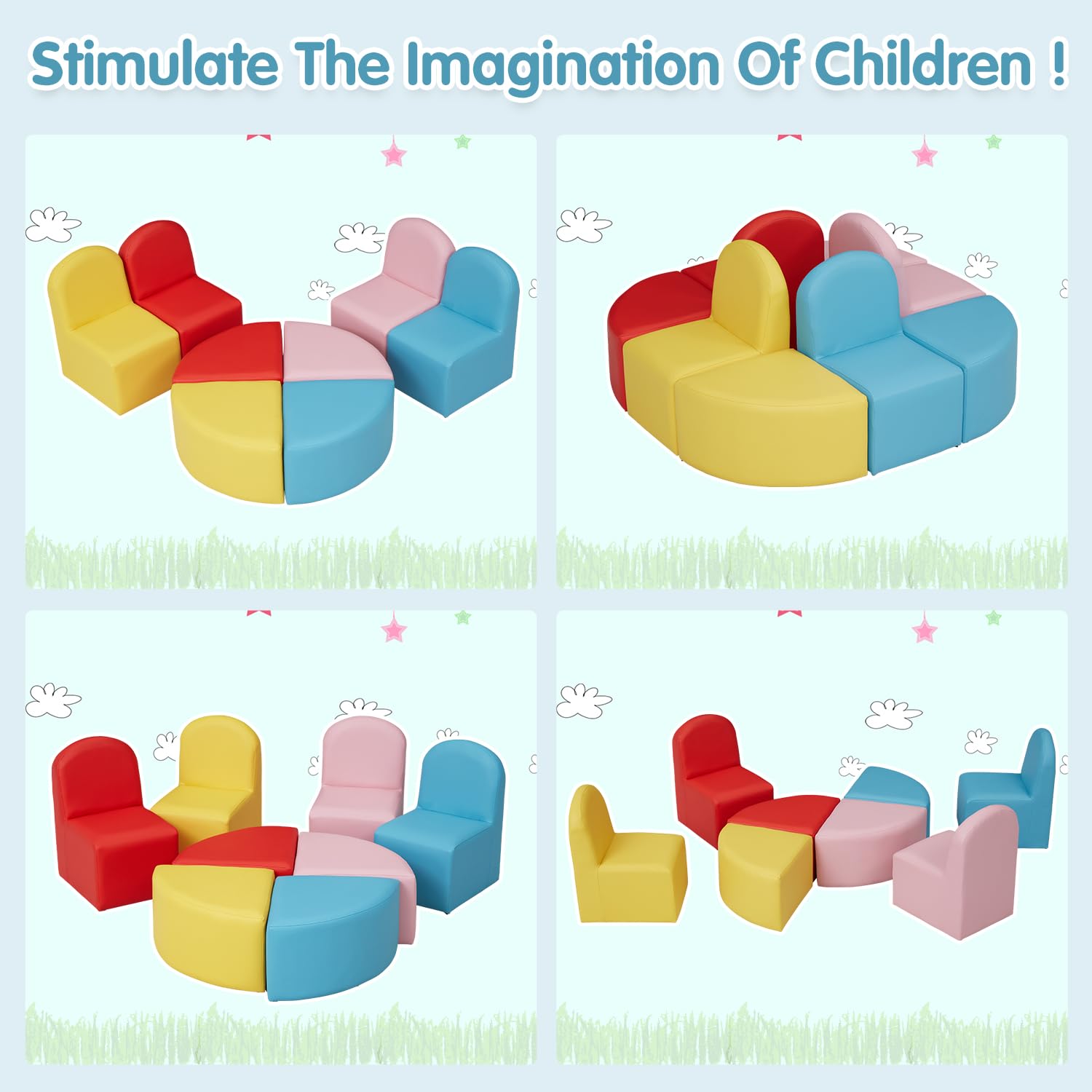 Kinsuite Kids Sofa Seating Set Convert to Table and 4 Chairs Colorful Stools for Toddlers Soft Foam Play 8 PCs Set for Classroom