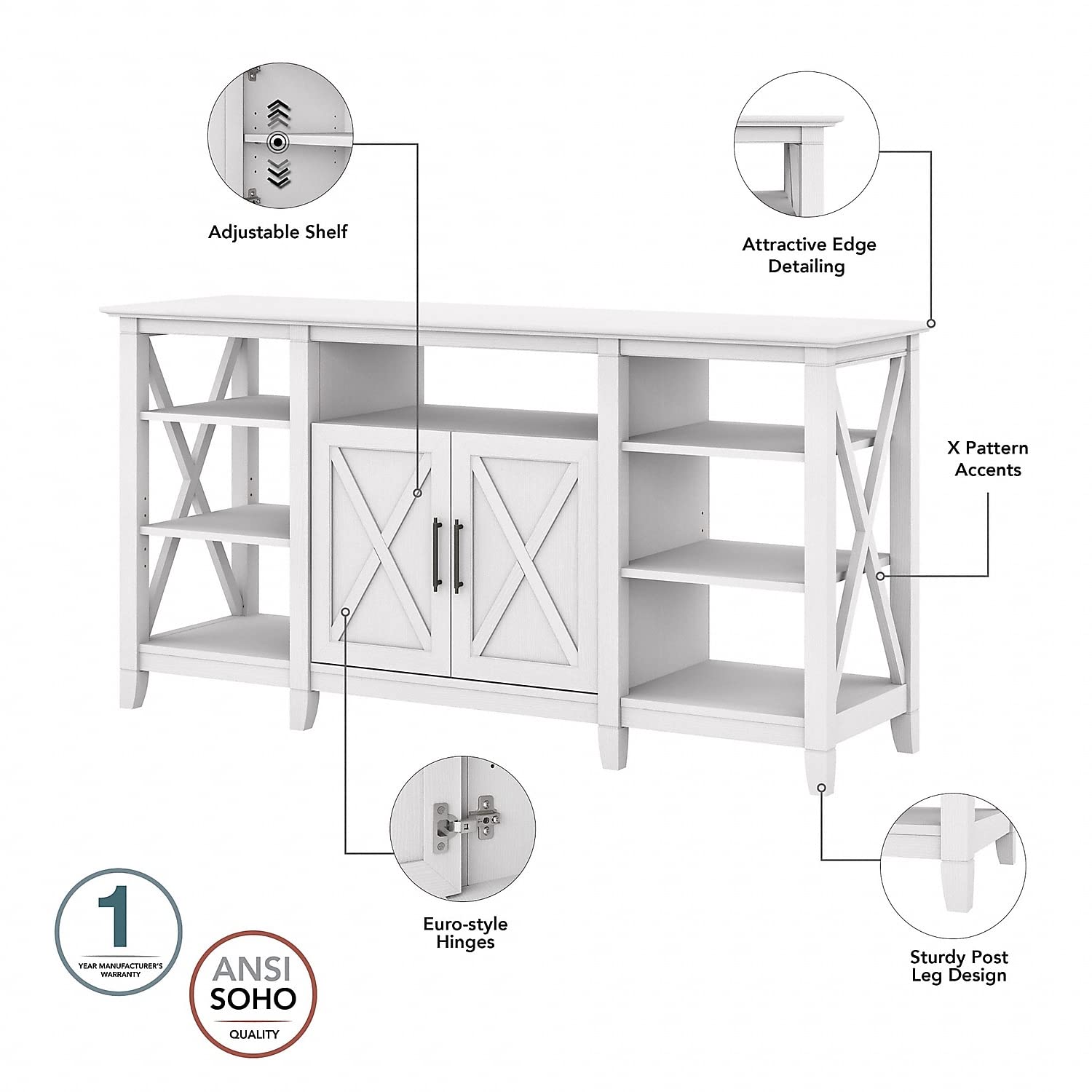 Bush Furniture Key West Tall TV Stand for 65 Inch TV in Pure White Oak, Farmhouse Entertainment Center with Storage