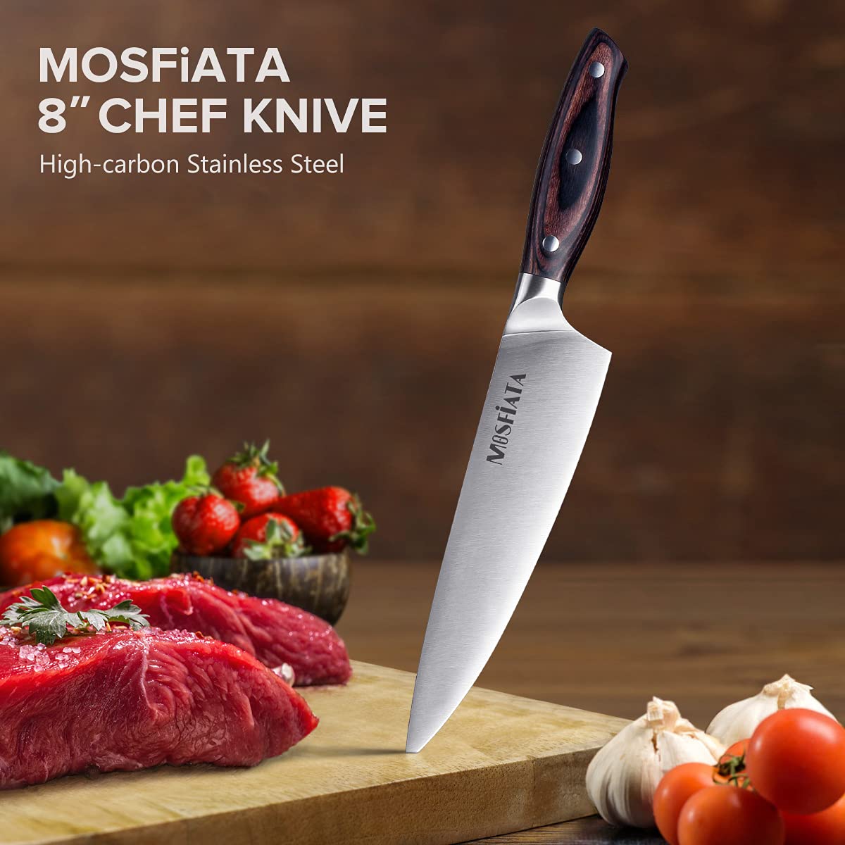 MOSFiATA Chef Knife 8 Inch Kitchen Cooking Knife, 5Cr15Mov High Carbon Stainless Steel Sharp Knife with Ergonomic Pakkawood Handle, Full Tang Vegetable Meat Cutting Knife with Sheath for Home Kitchen