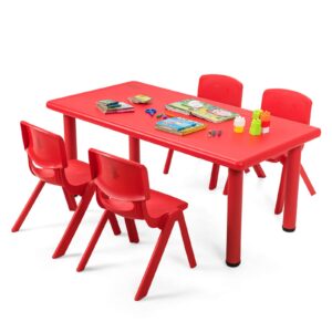 honey joy kids table and 4 chair set, 48 x 24 inch children rectangular study table with stackable seats, 4 pcs plastic activity toddler furniture set for playroom daycare, gift for boys girls (red)