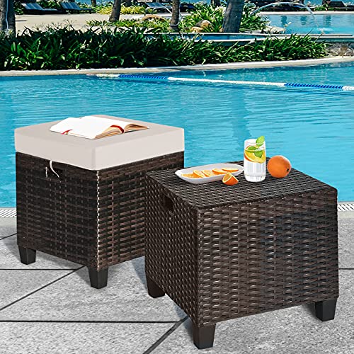 mayjooy 2-Piece Rattan Patio Ottoman, All Weather Wicker Ottoman w/Removable Cushion & Steel Frame, Outdoor Footstool Footrest Furniture (Brown) , 16”x16”x18