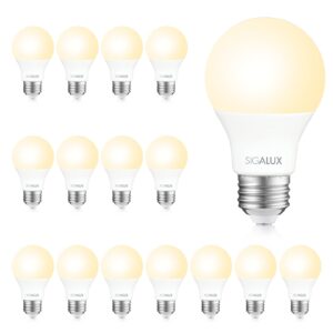 sigalux led light bulbs 60 watt equivalent a19 standard light bulbs 2700k, non-dimmable energy efficient 9.5w led soft white light bulb with e26 medium base, 800 lumens, ul listed, 16 pack