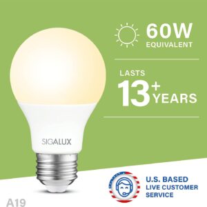 Sigalux LED Light Bulbs 60 Watt Equivalent A19 Standard Light Bulbs 2700K, Non-Dimmable Energy Efficient 9.5W LED Soft White Light Bulb with E26 Medium Base, 800 Lumens, UL Listed, 16 Pack