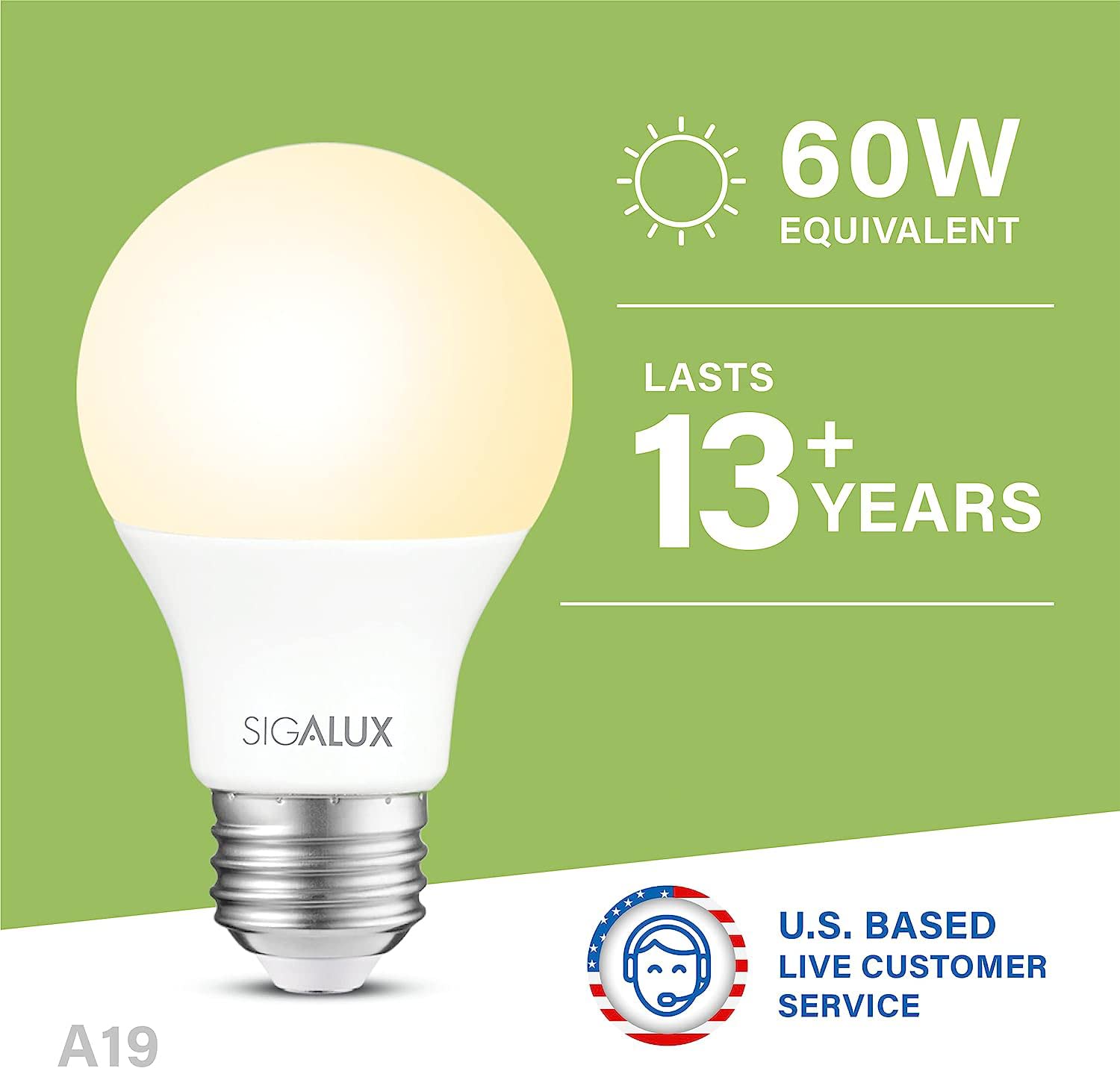 Sigalux LED Light Bulbs 60 Watt Equivalent A19 Standard Light Bulbs 2700K, Non-Dimmable Energy Efficient 9.5W LED Soft White Light Bulb with E26 Medium Base, 800 Lumens, UL Listed, 16 Pack