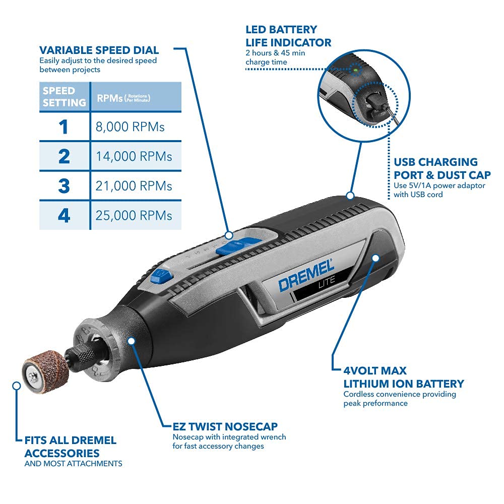 Dremel 7760 Lite Rechargeable Lightweight Design User-Friendly 8000 to 25000 RPM Single Cordless Rotary Tool with Soft Grip for Easy and Comfortable Use (Renewed)