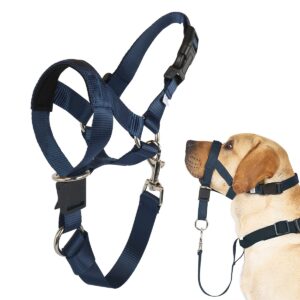 barkless no-pull head collar for dogs training & walking made easy, soft dog halter harness with expert training guide - put an end to pulling on the leash (m, navy blue)