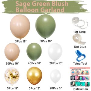 Sage Green Blush Eucalyptus Balloon Garland Kit, 131 Pcs Sage Green Blush Balloons with Artificial Eucalyptus Leaves Stems for Baby Bridal Shower Birthday Safari Party Decoration