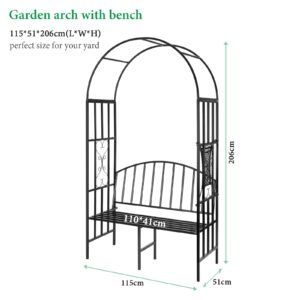 Garden Arch Heavy Duty (Holds 660lbs-250kg) | Metal Arbor Archway for Climbing Plant & Two People Seat Bench |Outdoor Lawn Backyard Decor 81 x 45.3 x 20 in - Black