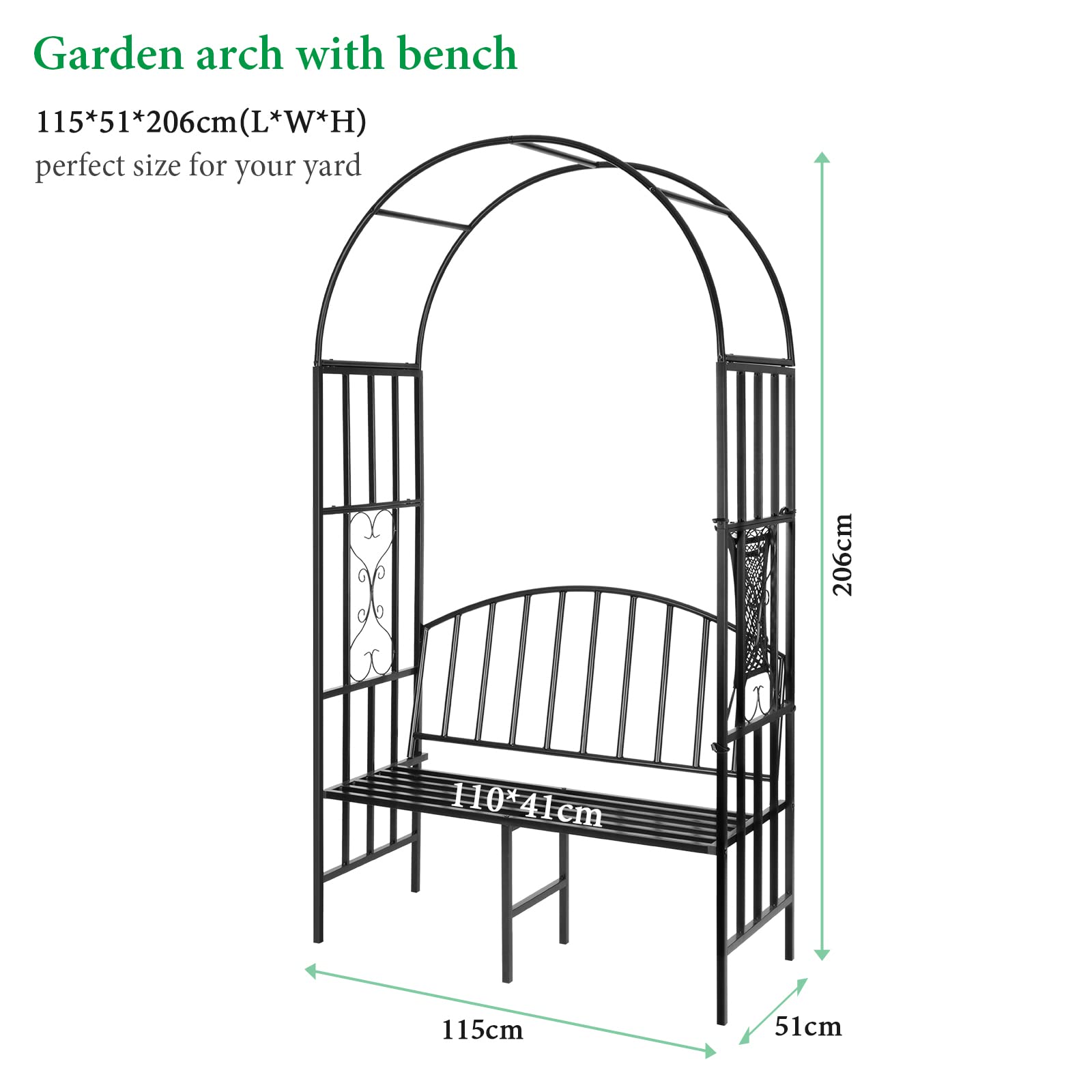 Garden Arch Heavy Duty (Holds 660lbs-250kg) | Metal Arbor Archway for Climbing Plant & Two People Seat Bench |Outdoor Lawn Backyard Decor 81 x 45.3 x 20 in - Black