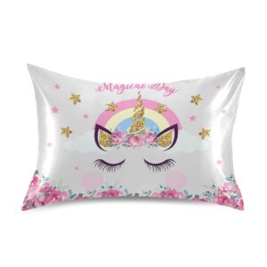 dalzium cute unicorn girl print satin pillowcase for hair and skin, unicorn and pink flowers silk pillow case with envelope closure, standard size 20x26 inches, white, 1 pc