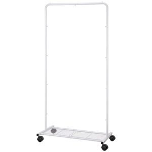 simple trending standard clothes garment rack, clothing rolling rack with mesh storage shelf on wheels, white