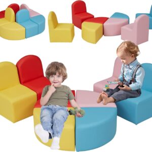 Kinsuite Kids Sofa Seating Set Convert to Table and 4 Chairs Colorful Stools for Toddlers Soft Foam Play 8 PCs Set for Classroom