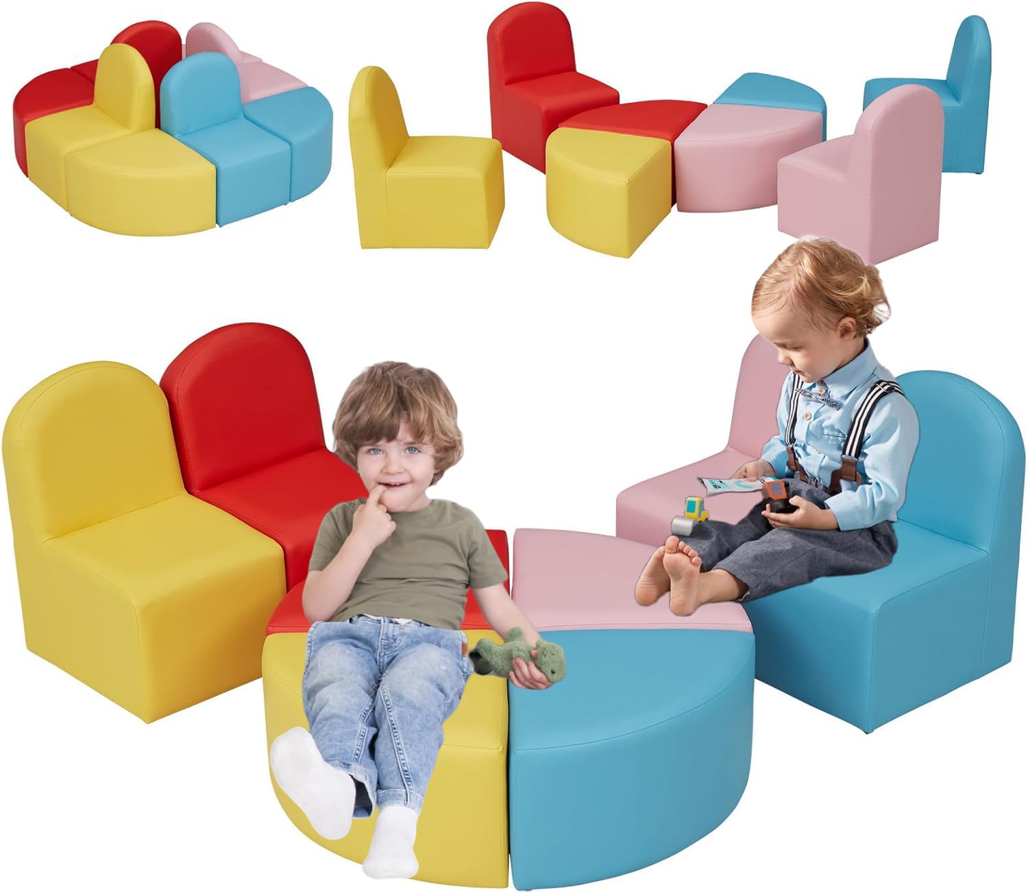 Kinsuite Kids Sofa Seating Set Convert to Table and 4 Chairs Colorful Stools for Toddlers Soft Foam Play 8 PCs Set for Classroom