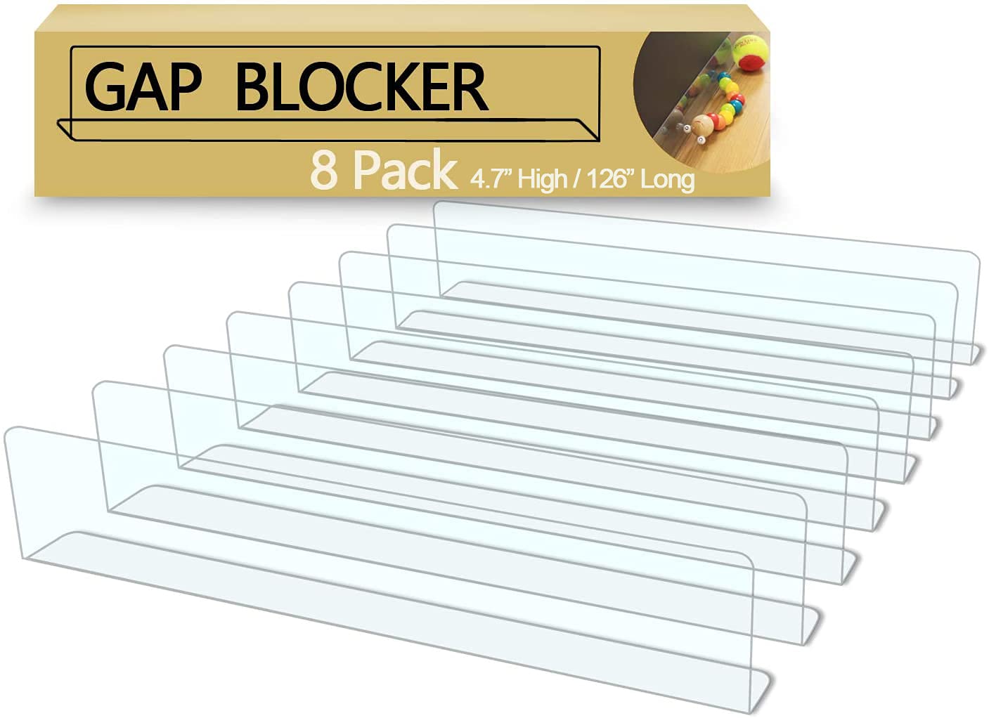 8-Pack Toy Blocker, 4.7" Height Gap Bumper for Under Furniture, BPA Free Safe PVC with Strong Adhesive, Stop Things Going Under Sofa Couch or Bed, Easy to Install