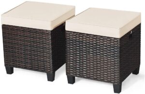 giantex 2-piece rattan patio ottoman, all weather wicker ottoman w/removable cushion & steel frame, outdoor footstool footrest furniture (cream)