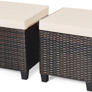 Giantex 2-Piece Rattan Patio Ottoman, All Weather Wicker Ottoman w/Removable Cushion & Steel Frame, Outdoor Footstool Footrest Furniture (Cream)