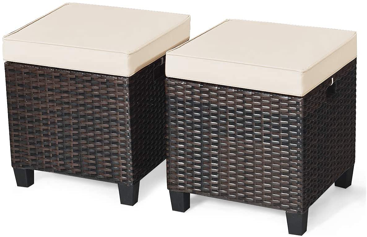 Giantex 2-Piece Rattan Patio Ottoman, All Weather Wicker Ottoman w/Removable Cushion & Steel Frame, Outdoor Footstool Footrest Furniture (Cream)