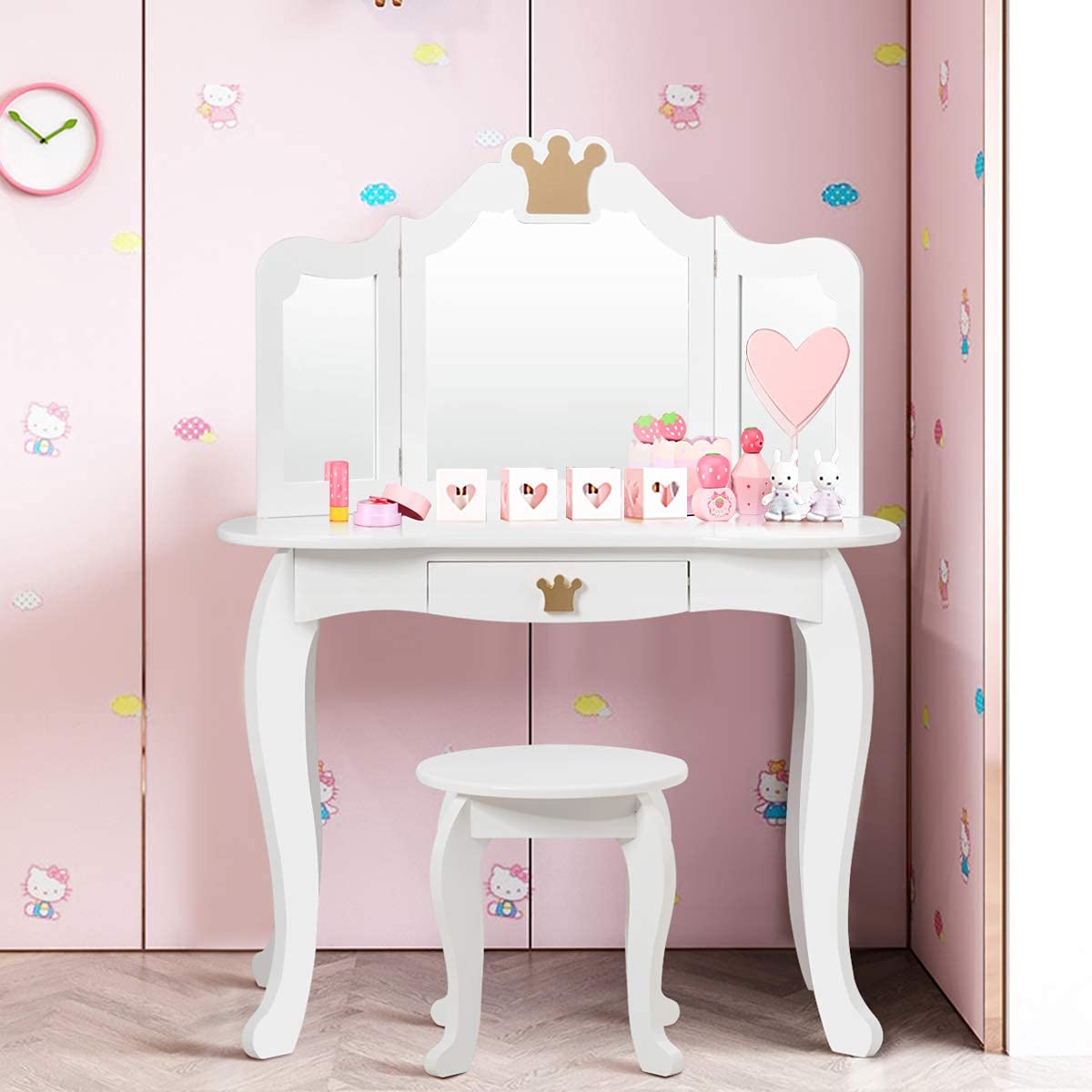 KOTEK Kids Vanity Set w/Tri-Folding Mirror, Princess Makeup Dressing Table w/Detachable Top & Drawer, 2-in-1 Vanity Table and Chair Set, Crown Pretend Beauty Play Vanity for Girls (White)