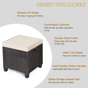 Giantex 2-Piece Rattan Patio Ottoman, All Weather Wicker Ottoman w/Removable Cushion & Steel Frame, Outdoor Footstool Footrest Furniture (Cream)