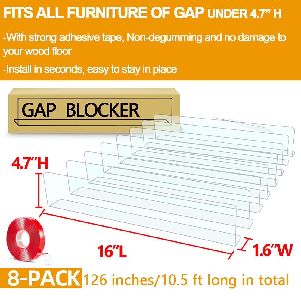 8-Pack Toy Blocker, 4.7" Height Gap Bumper for Under Furniture, BPA Free Safe PVC with Strong Adhesive, Stop Things Going Under Sofa Couch or Bed, Easy to Install