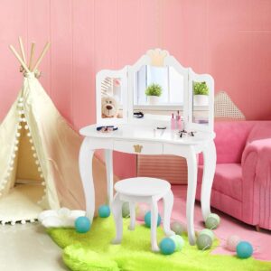 KOTEK Kids Vanity Set w/Tri-Folding Mirror, Princess Makeup Dressing Table w/Detachable Top & Drawer, 2-in-1 Vanity Table and Chair Set, Crown Pretend Beauty Play Vanity for Girls (White)